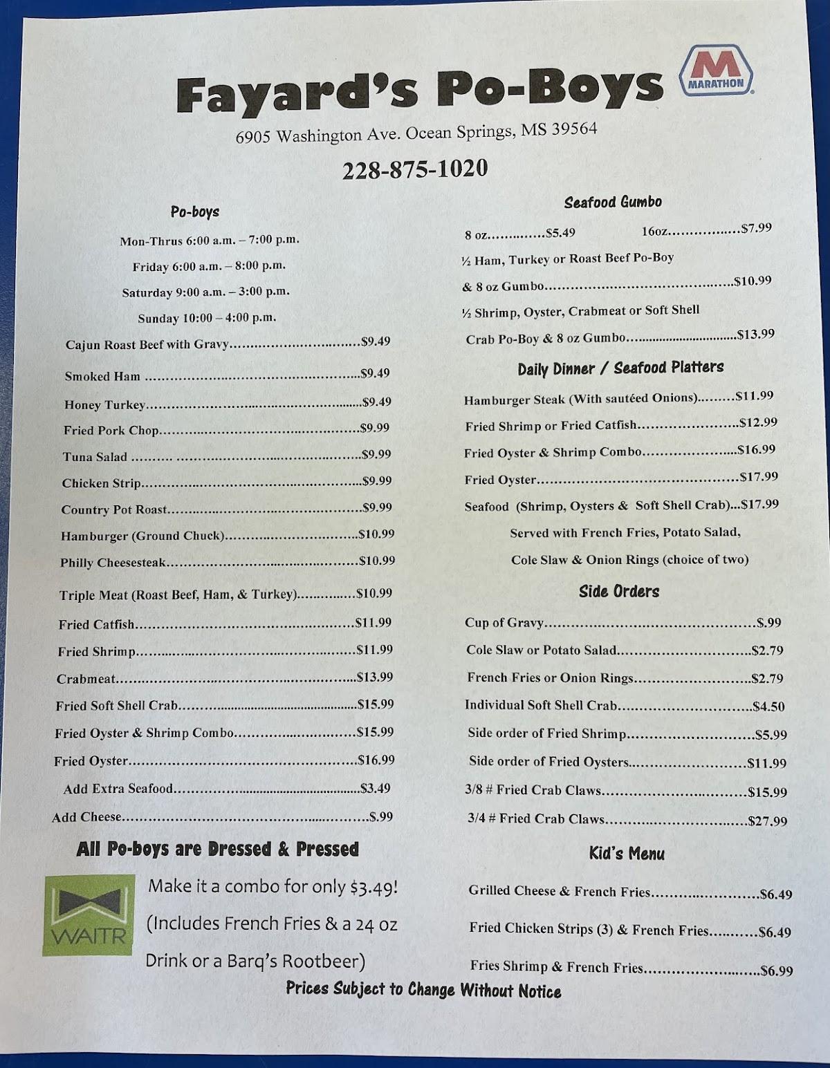 Menu at Fayard's restaurant, Saint Martin