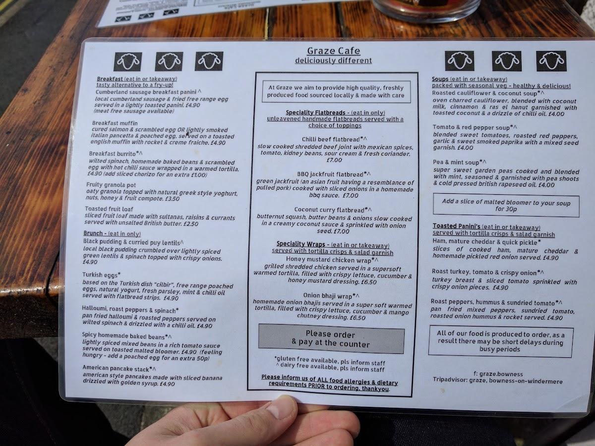 Menu at Graze Cafe, Windermere