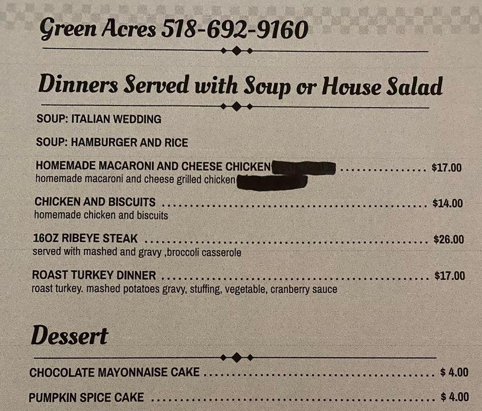 Menu at Green Acres Tavern restaurant, Greenwich, NY-29