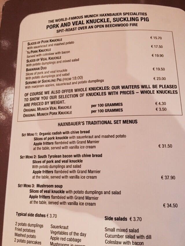Menu at Haxnbauer restaurant, Munich