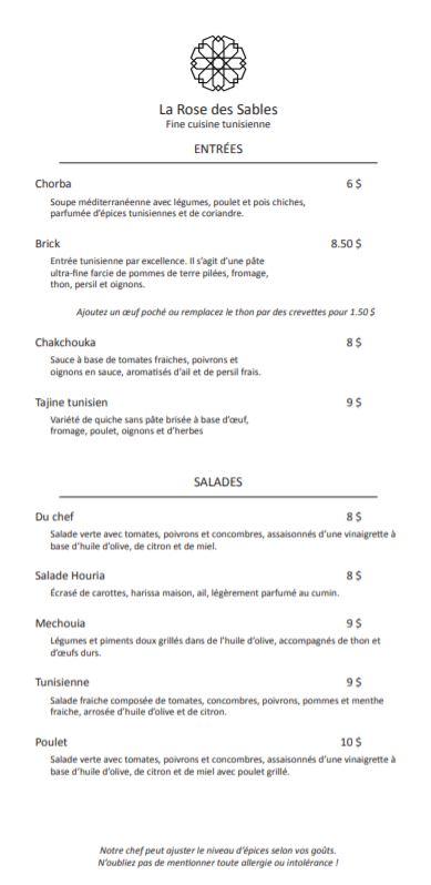 Menu au Restaurant La Rose des Sables, Montréal, Rue Beaubien E