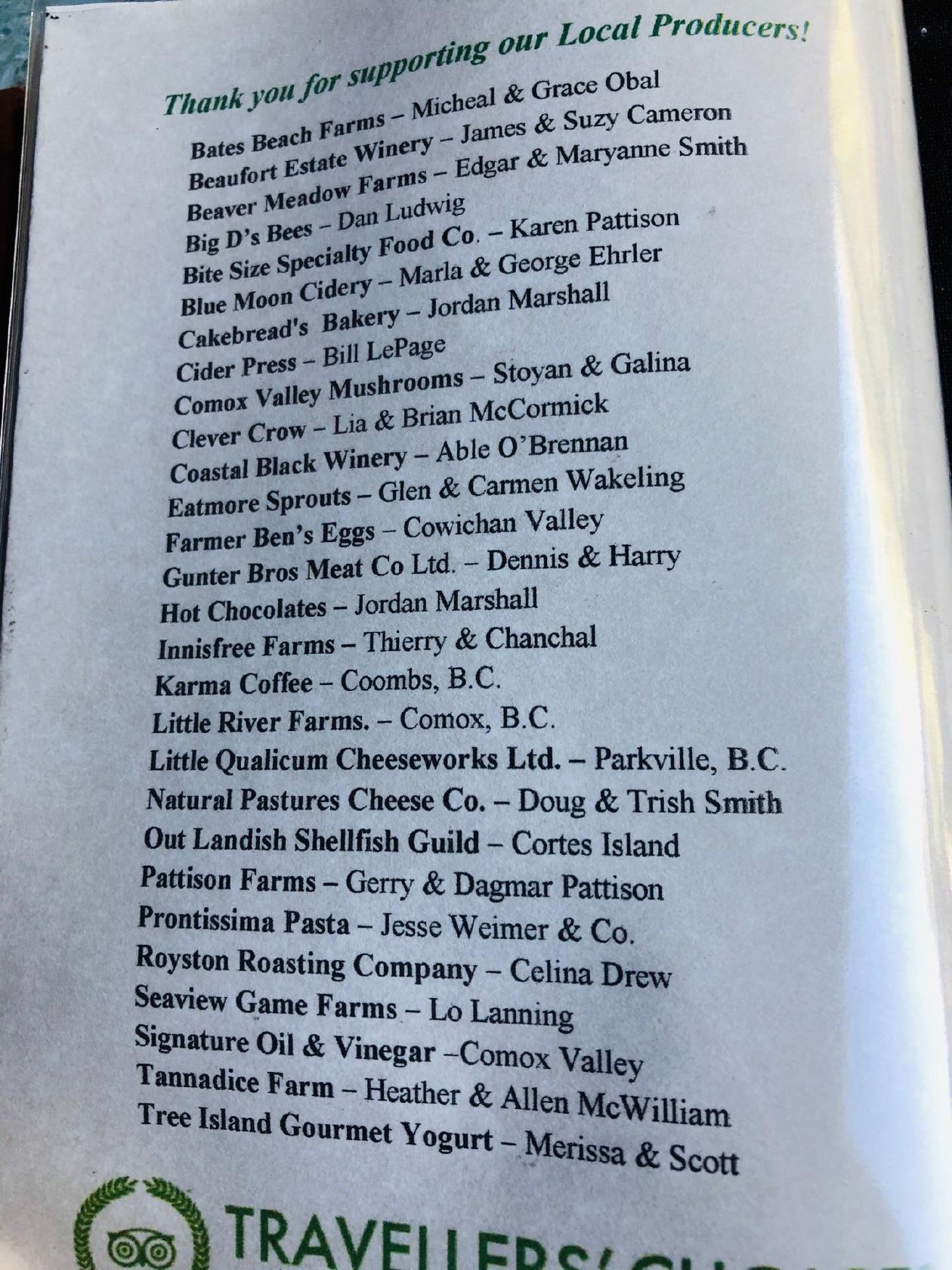 Menu at Locals Restaurant, Courtenay