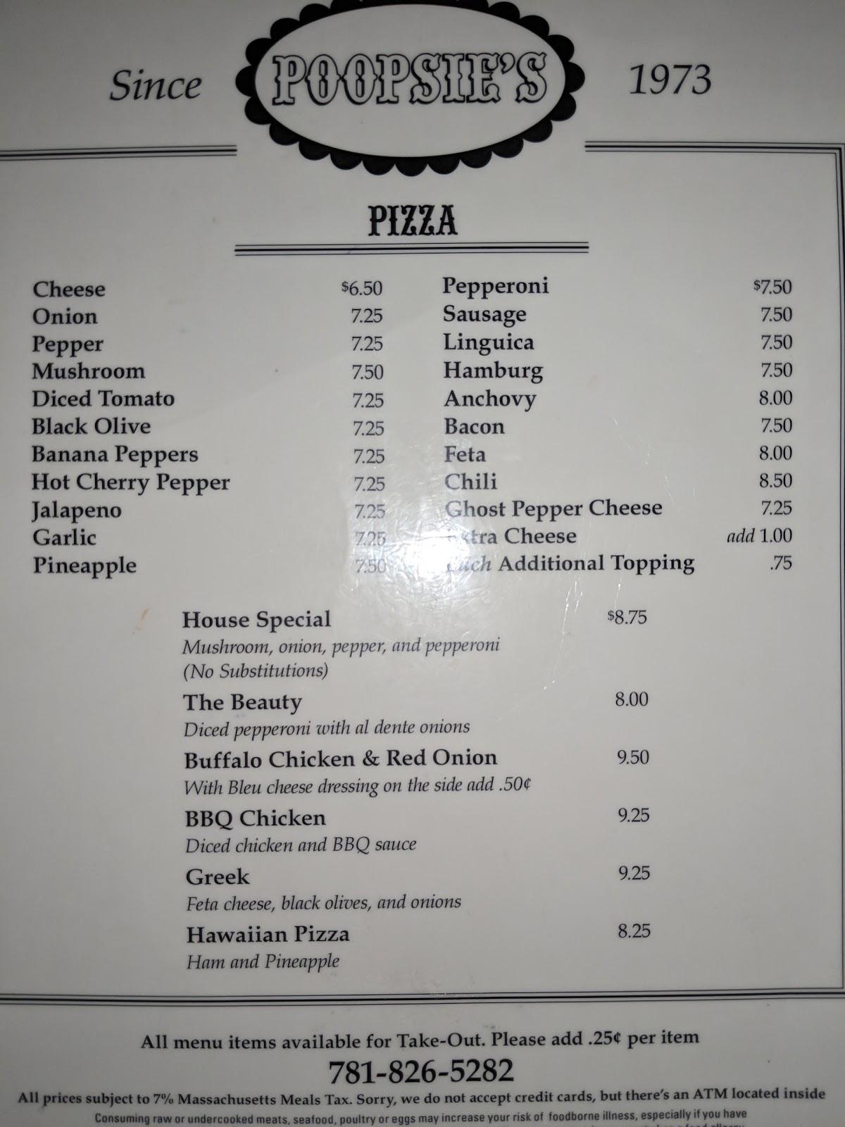 Menu at Poopsie's pub & bar, Pembroke