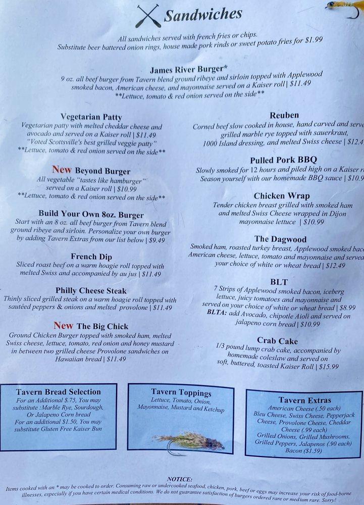 Menu at Tavern on the James restaurant, Scottsville