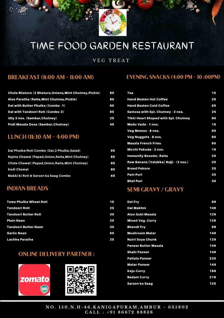 Menu at Time Food Garden Restaurant Pure Vegetarian, Ambur
