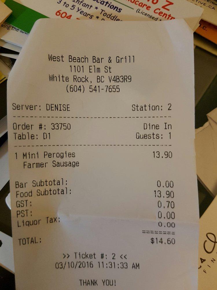 Menu at West Beach Bar & Grill, White Rock
