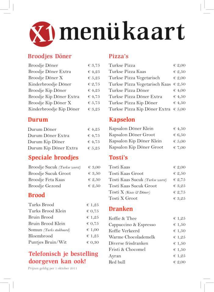 Menu at X1 Brood, Schagen