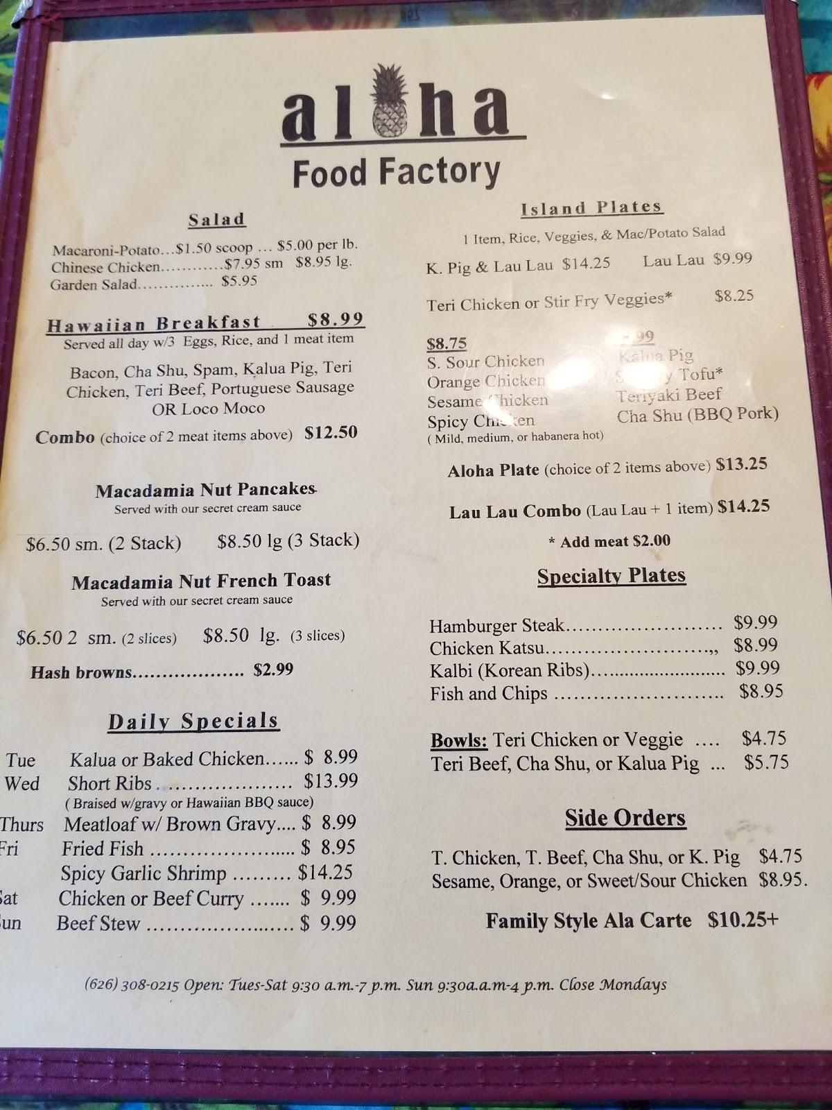 Menu at Aloha Food Factory restaurant, Alhambra