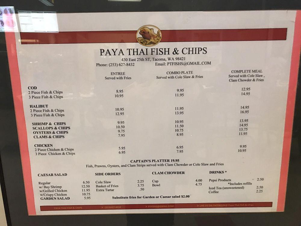 Menu at Paya Thai Fish & Chips restaurant, Tacoma