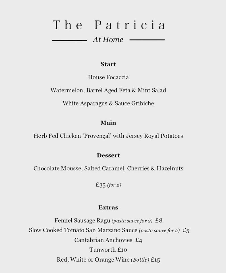 Menu at The Patricia restaurant, Newcastle upon Tyne