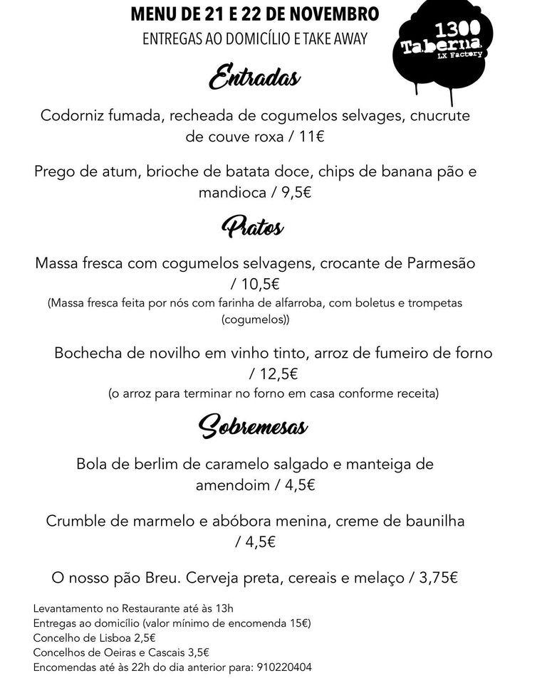 Menu at 1300 Taberna restaurant, Lisbon