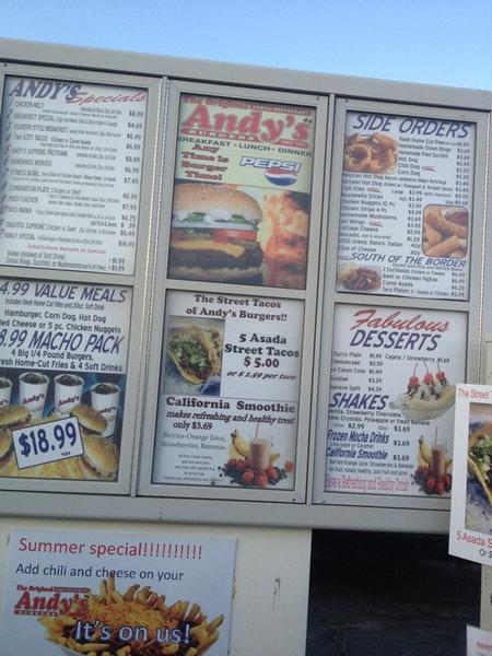 Menu at Andy's No 4 Burgers fast food, Indio