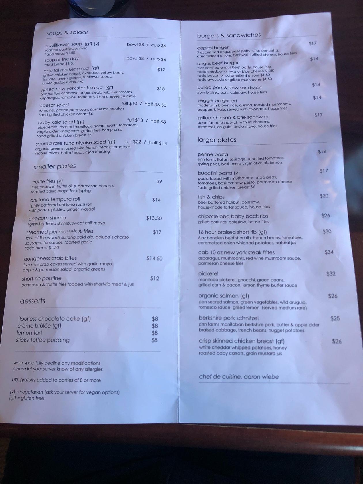 Menu at Capital Grill & Bar, Winnipeg, Roblin Blvd