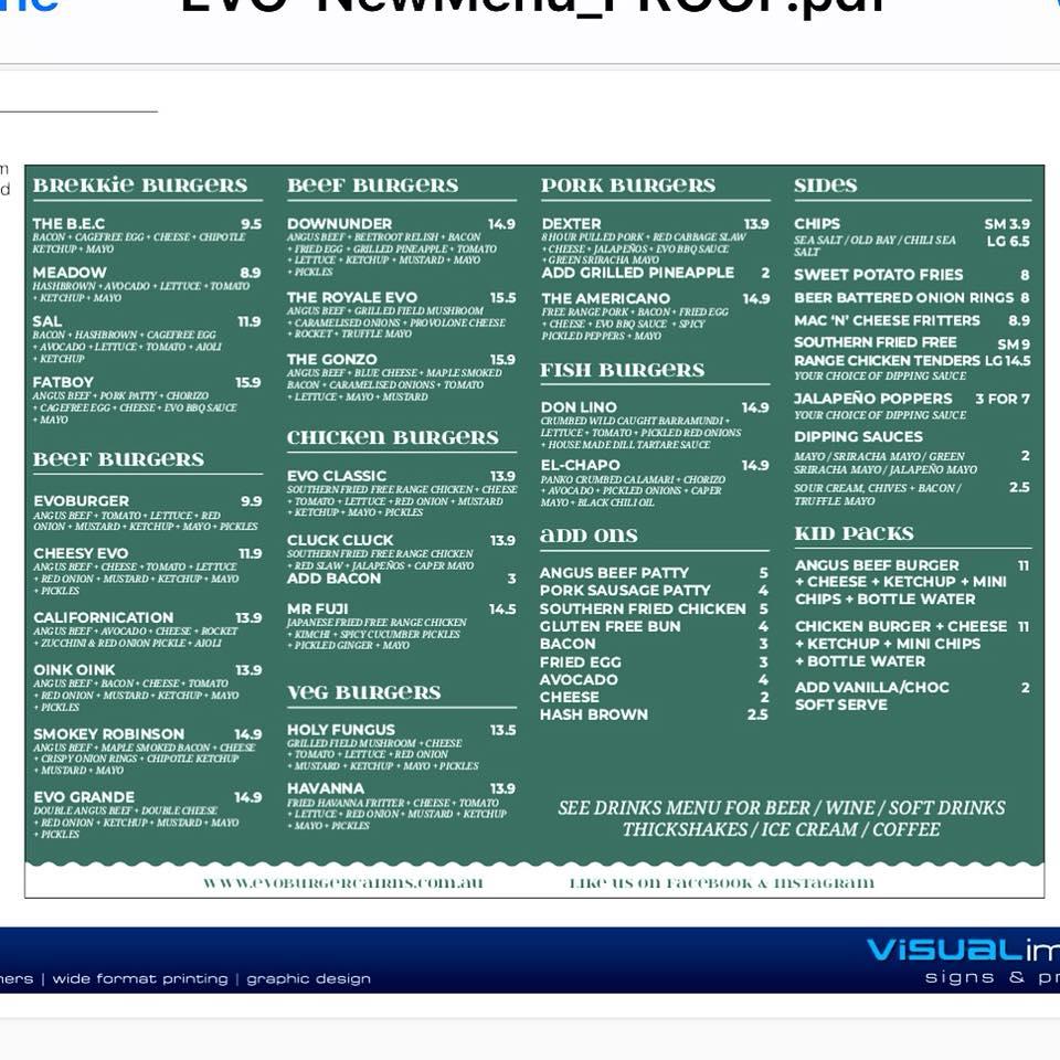 Menu at evo Burger restaurant, Cairns City