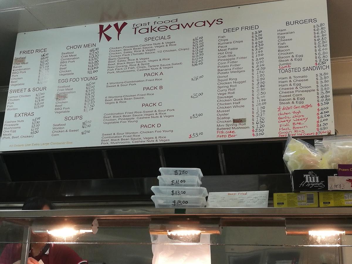 Menu at K Y Takeaways restaurant, Taupo