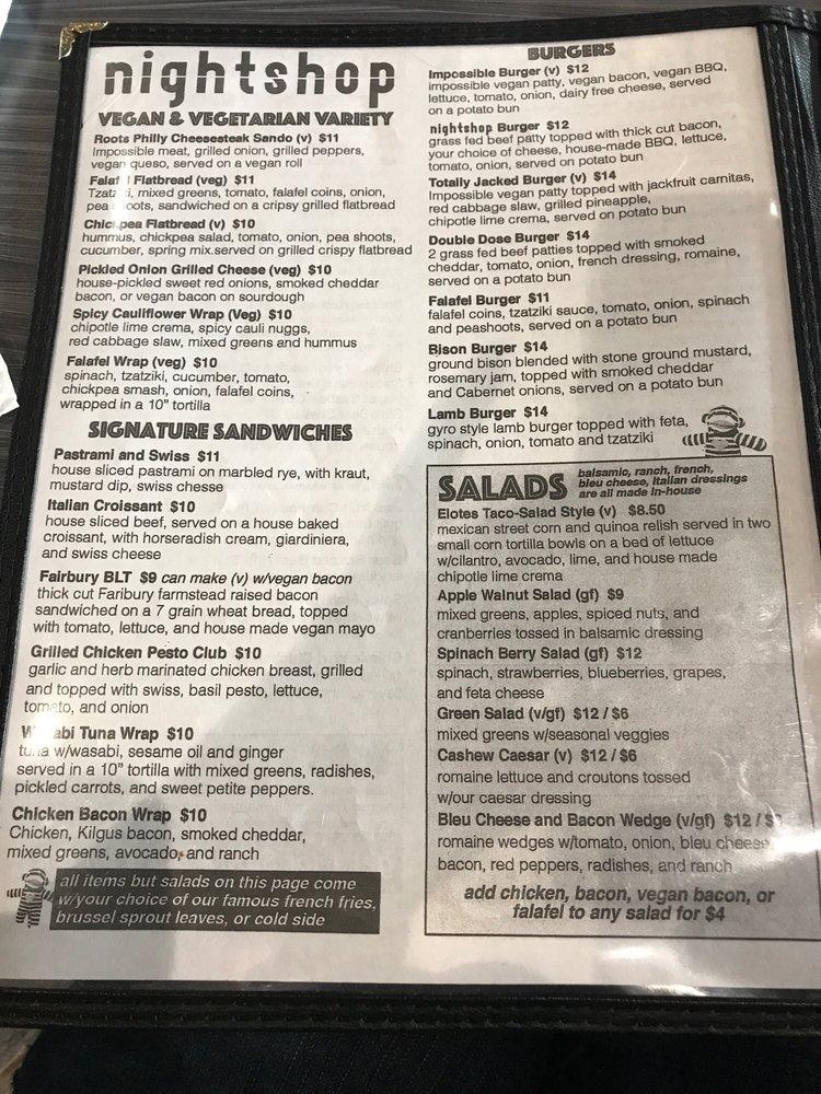 Menu at Nightshop pub & bar, Bloomington