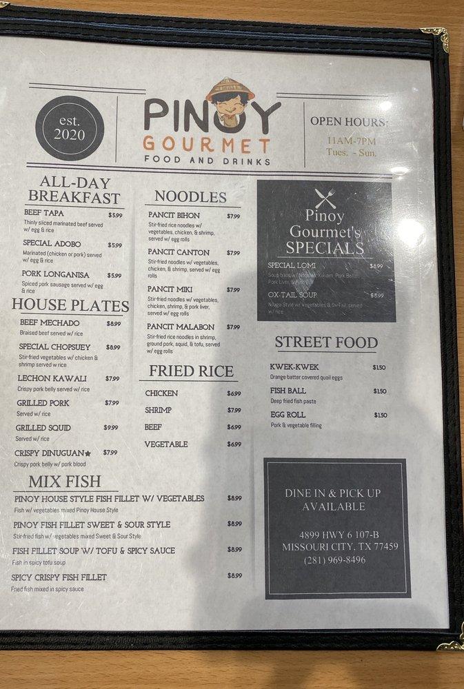 Menu at Pinoy Gourmet restaurant, Missouri City