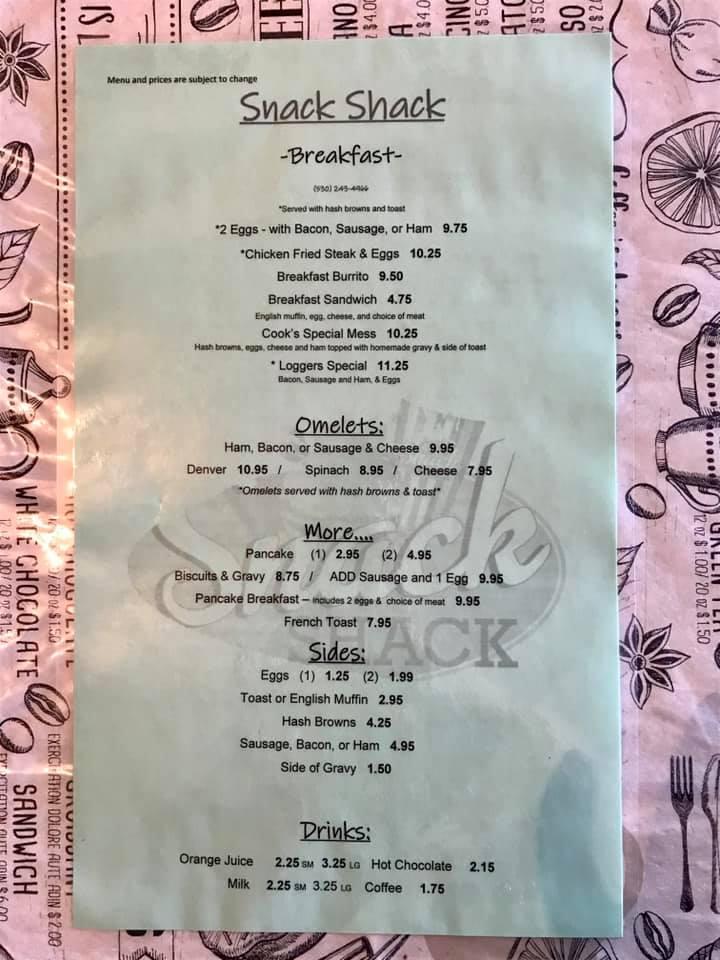 Menu at Snack Shack restaurant, Redding