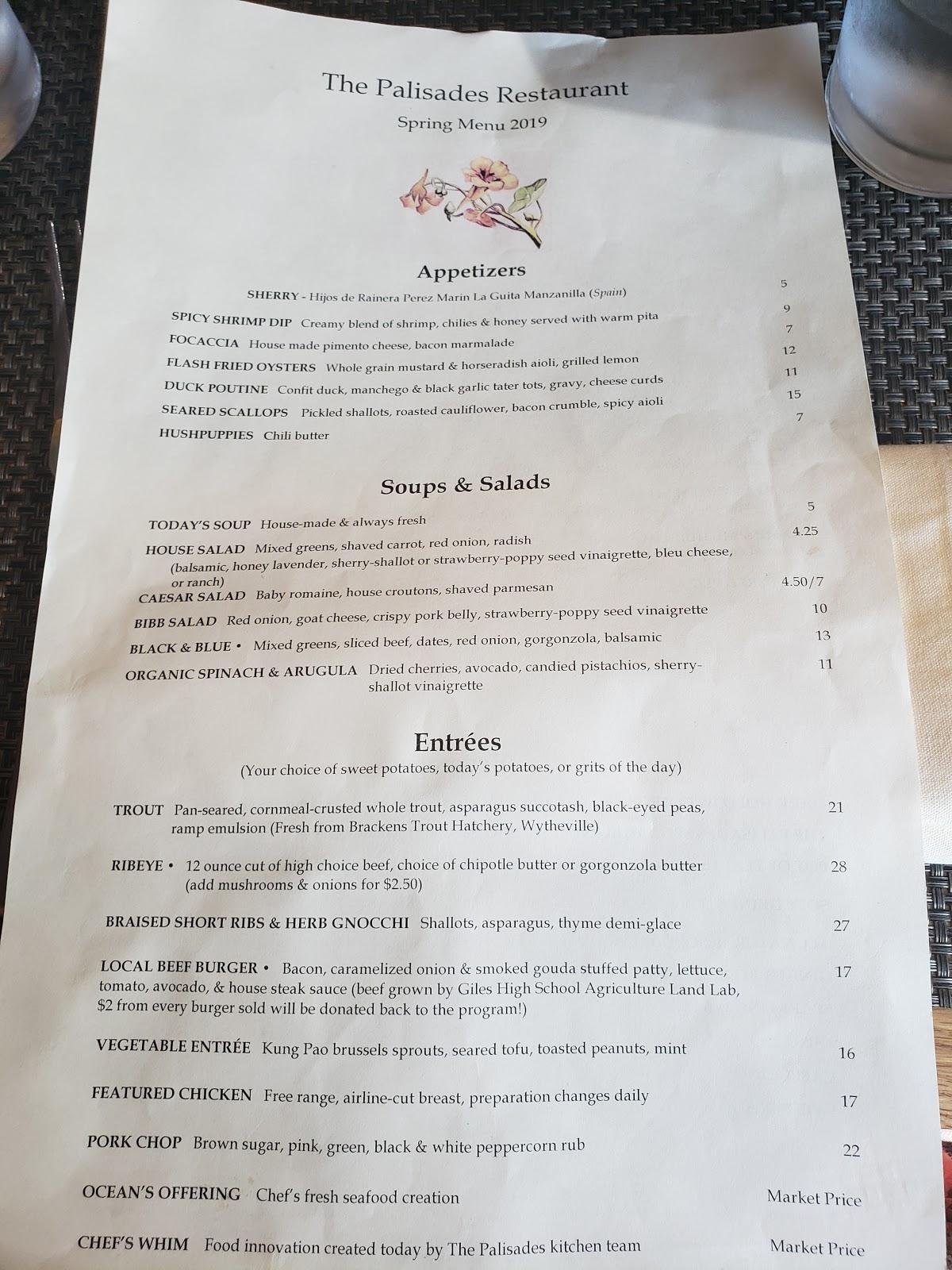 Menu at The Palisades Restaurant, Eggleston