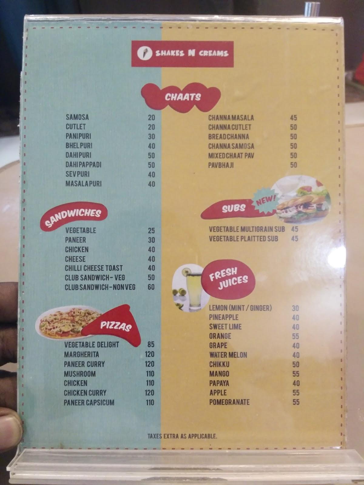 Menu at Adyar Bakery, Chennai, 110