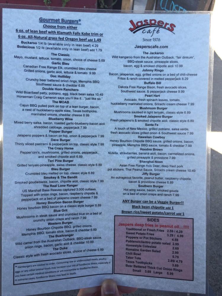 Menu at Jaspers Café restaurant, Medford, N Pacific Hwy