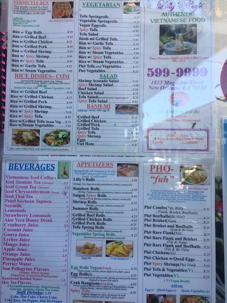Menu at Lilly's Café restaurant, New Orleans