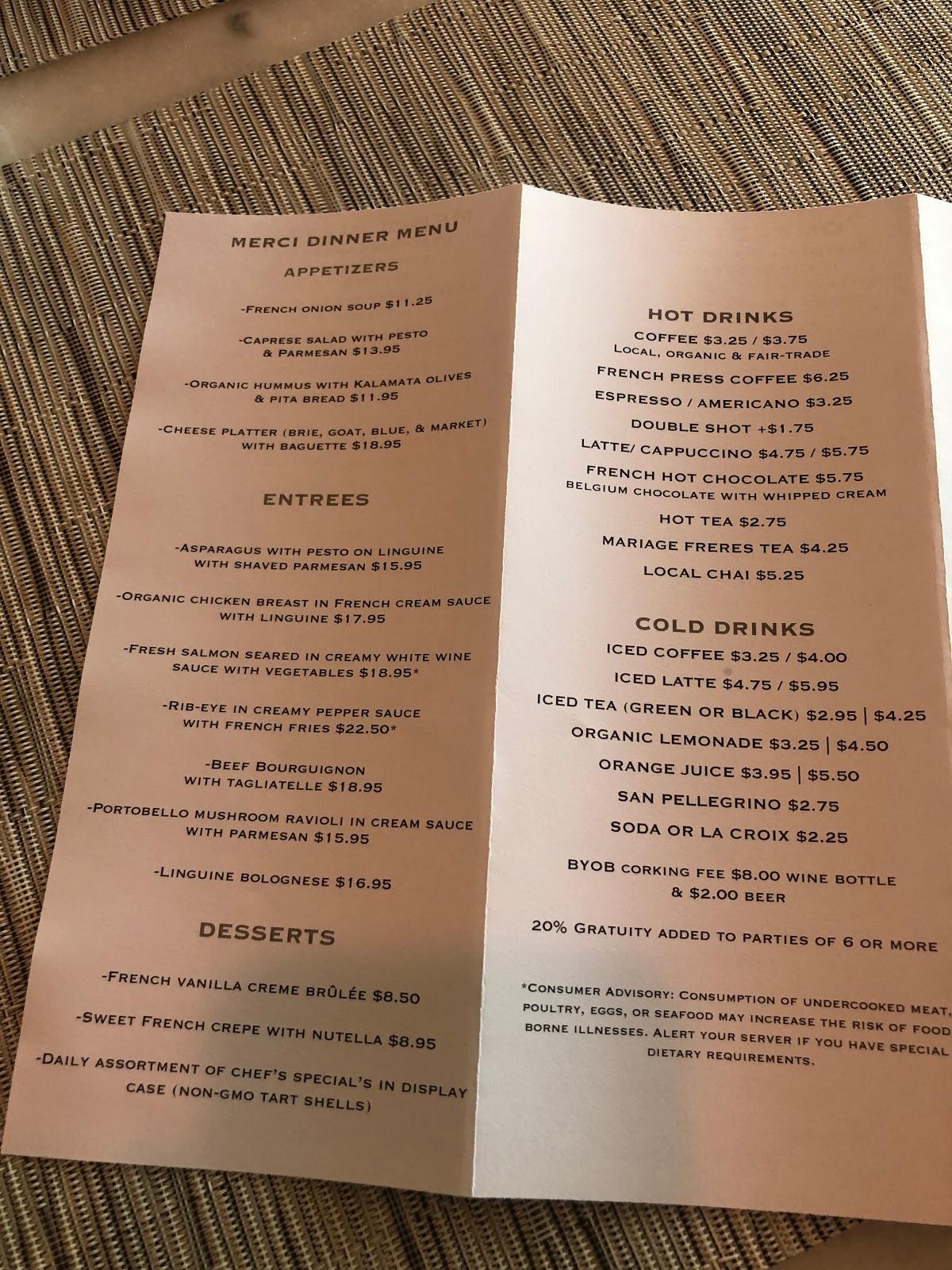 Menu at Merci French Cafe, Scottsdale
