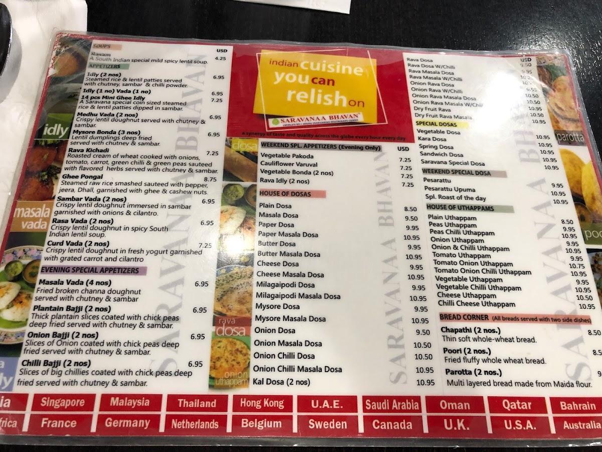 Menu at Saravanaa Bhavan restaurant, Sunnyvale