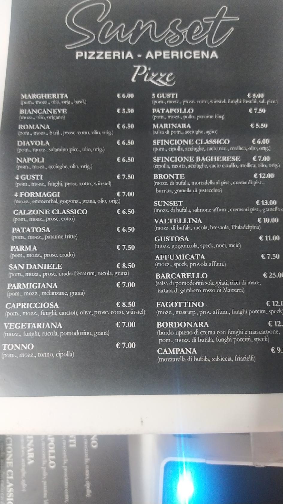Menu da sunset apericena pizzeria, Palermo