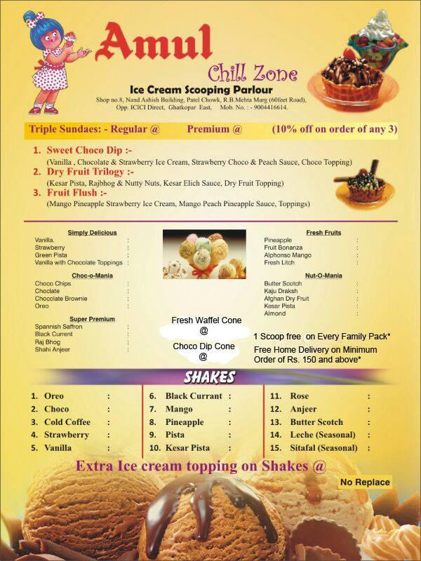 Menu at Amul Ice Cream, Mumbai, 8 Nand Ashish Building Patel Chowk