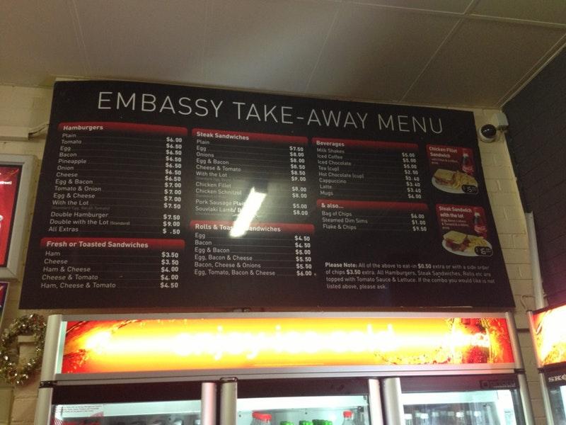 Menu at Embassy Cafe, West Melbourne, 547 Spencer St