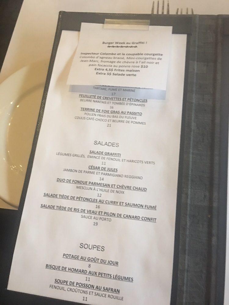 Menu at Graffiti restaurant, Québec City