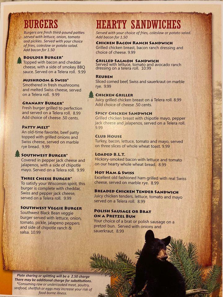 Carta de Wild’s Granary Restaurant, Boulder Junction