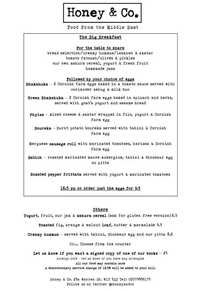 Menu at Honey & Co cafe, London