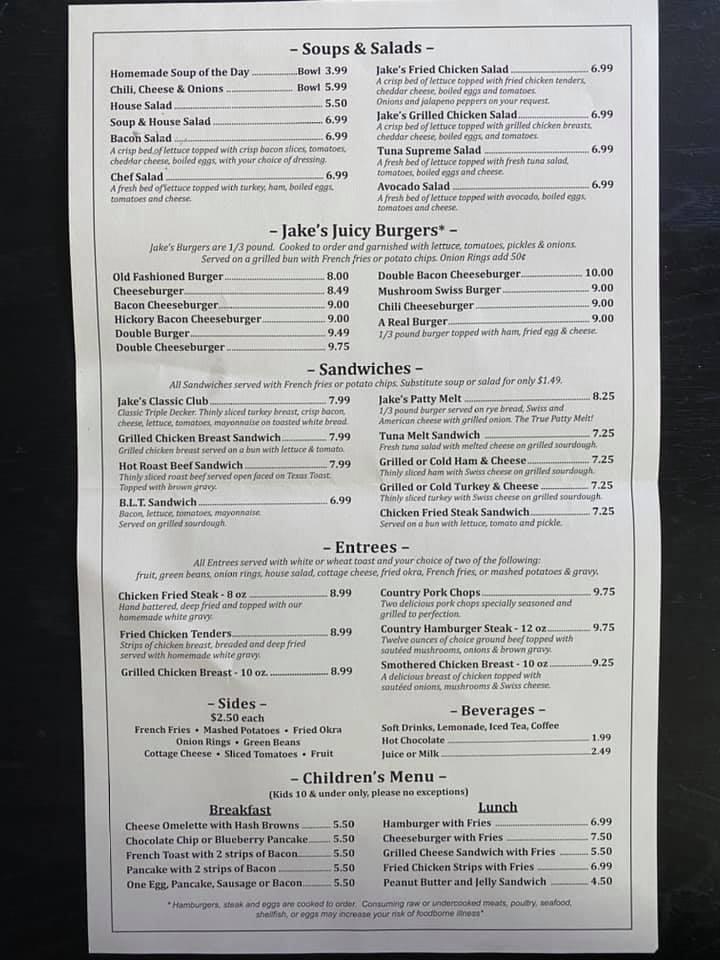 Menu at Jake's Cafe, Broken Arrow
