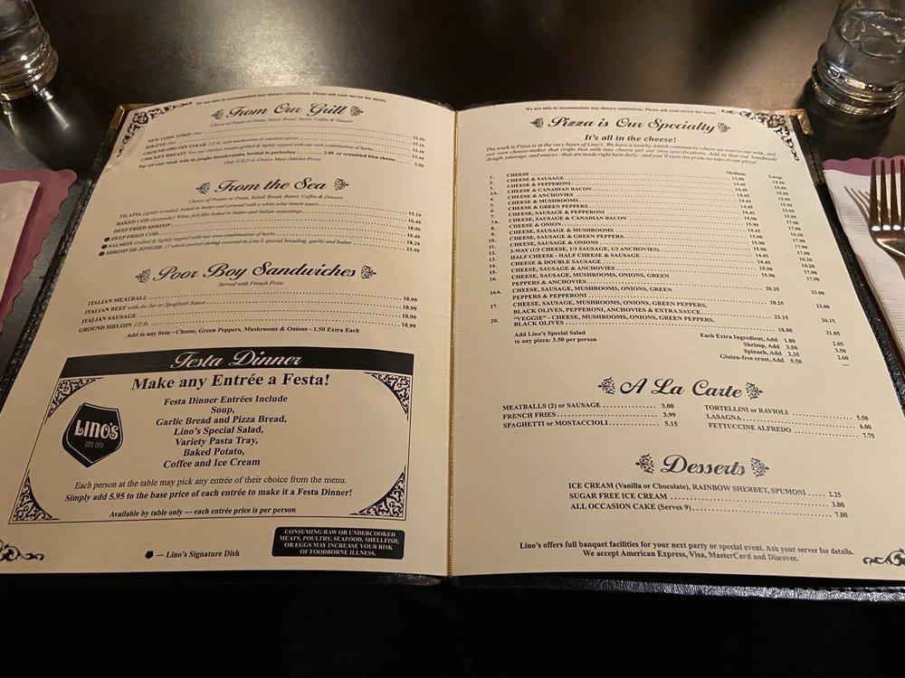 Menu at Lino's pizzeria, Rockford