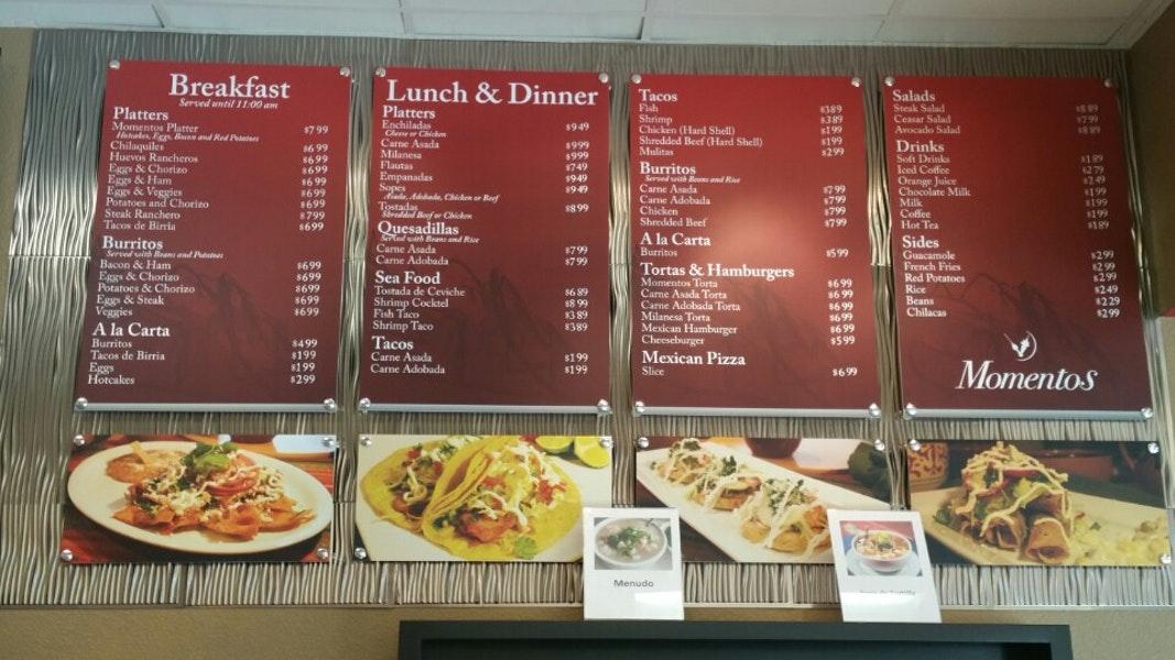 Menu at Momentos Cafe, La Mesa