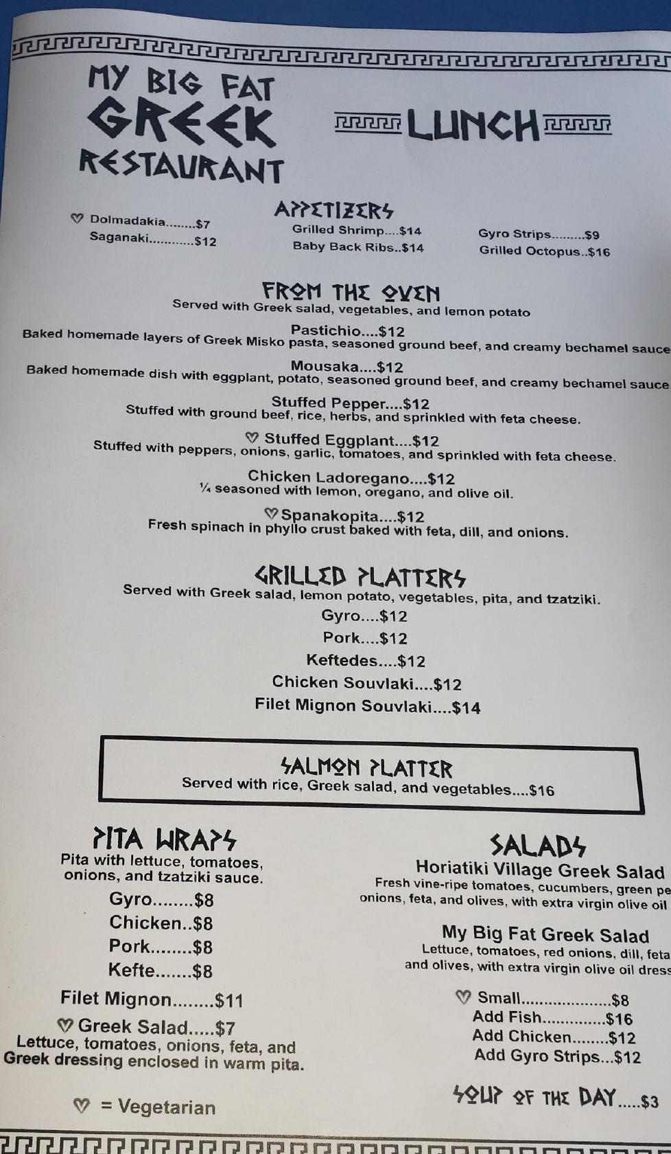 Carta de My Big Fat Greek Restaurant, Dania Beach, Griffin Rd
