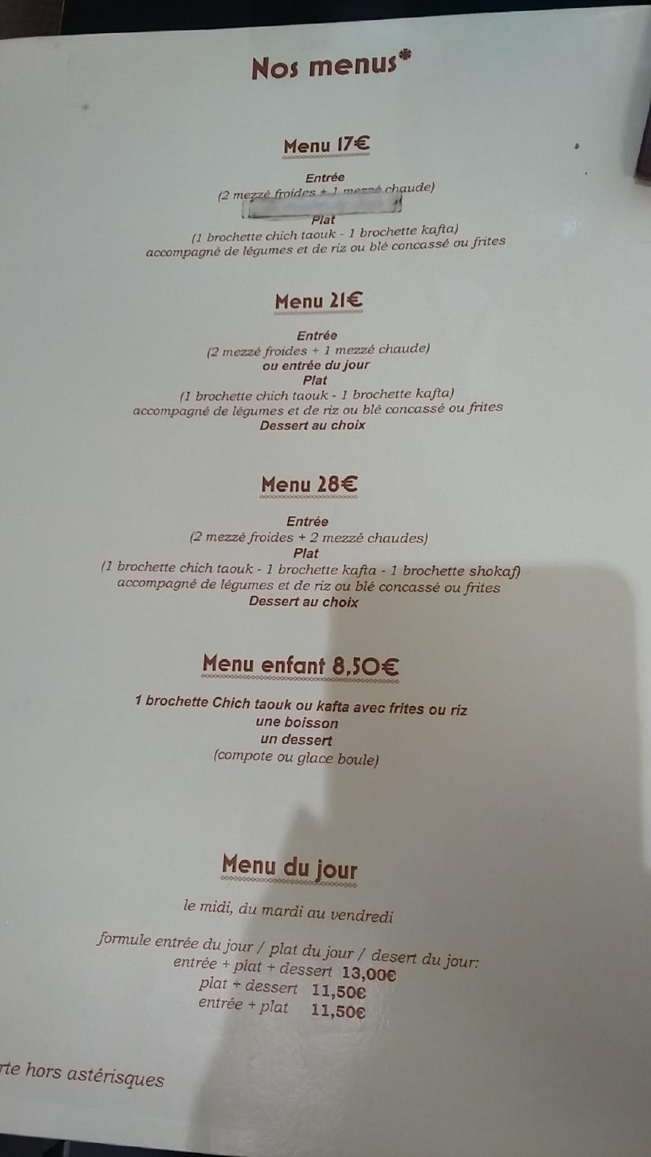 Menu au Á Damas restaurant, Montluçon