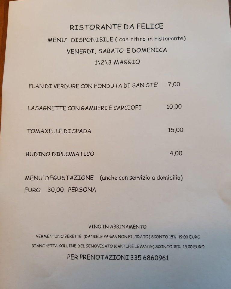 Menu at Da Felice restaurant, Chiavari