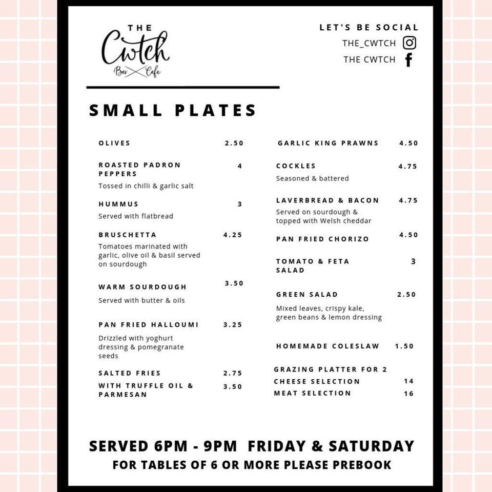 Menu at The Cwtch Swansea cafe, Swansea