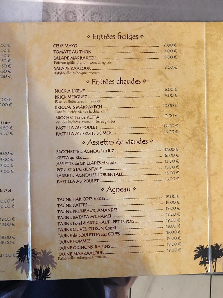 Menu au Le Marrakech restaurant, Valenciennes, 111 Rue de Paris