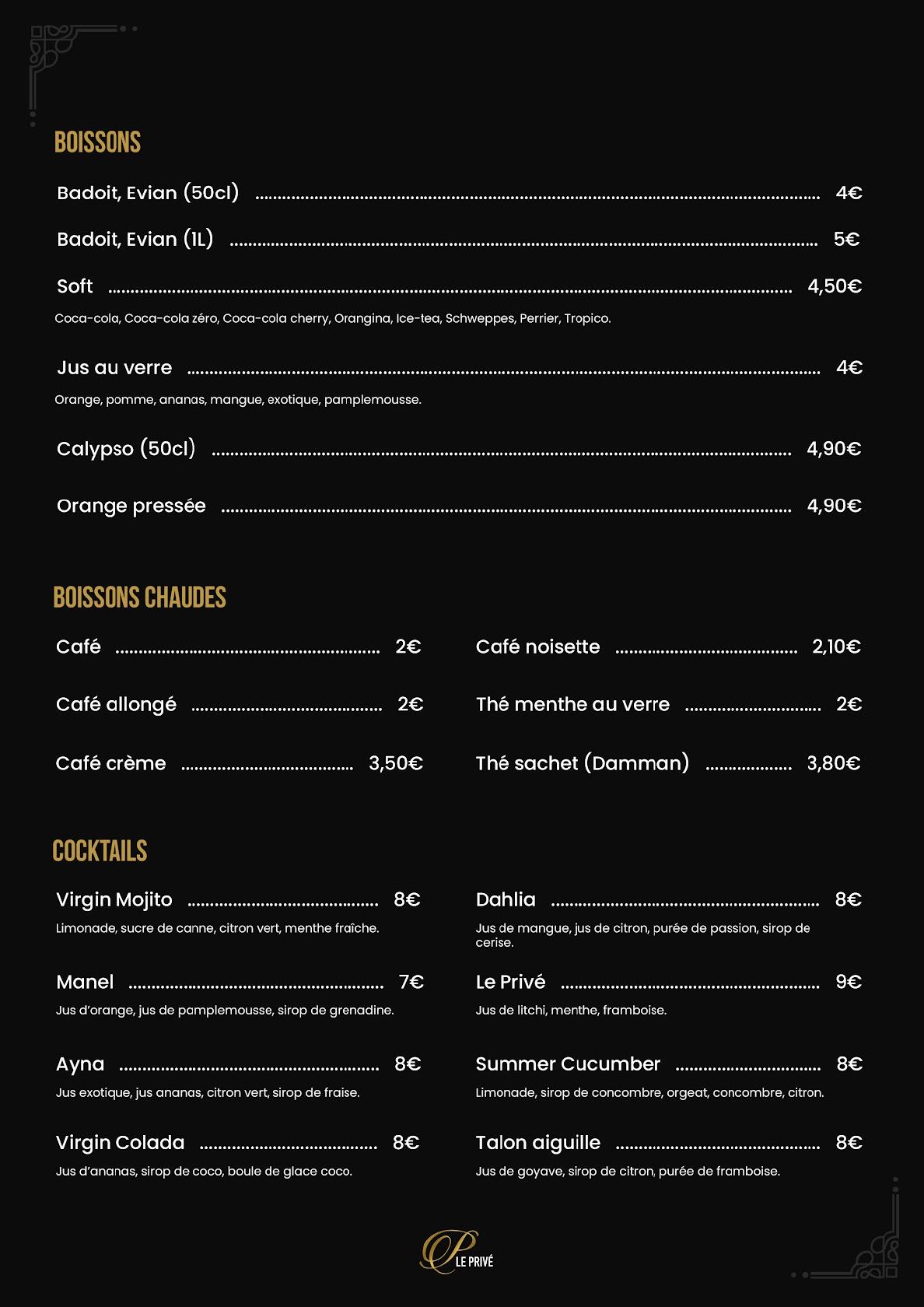 Menu au Le Privé restaurant, Poissy