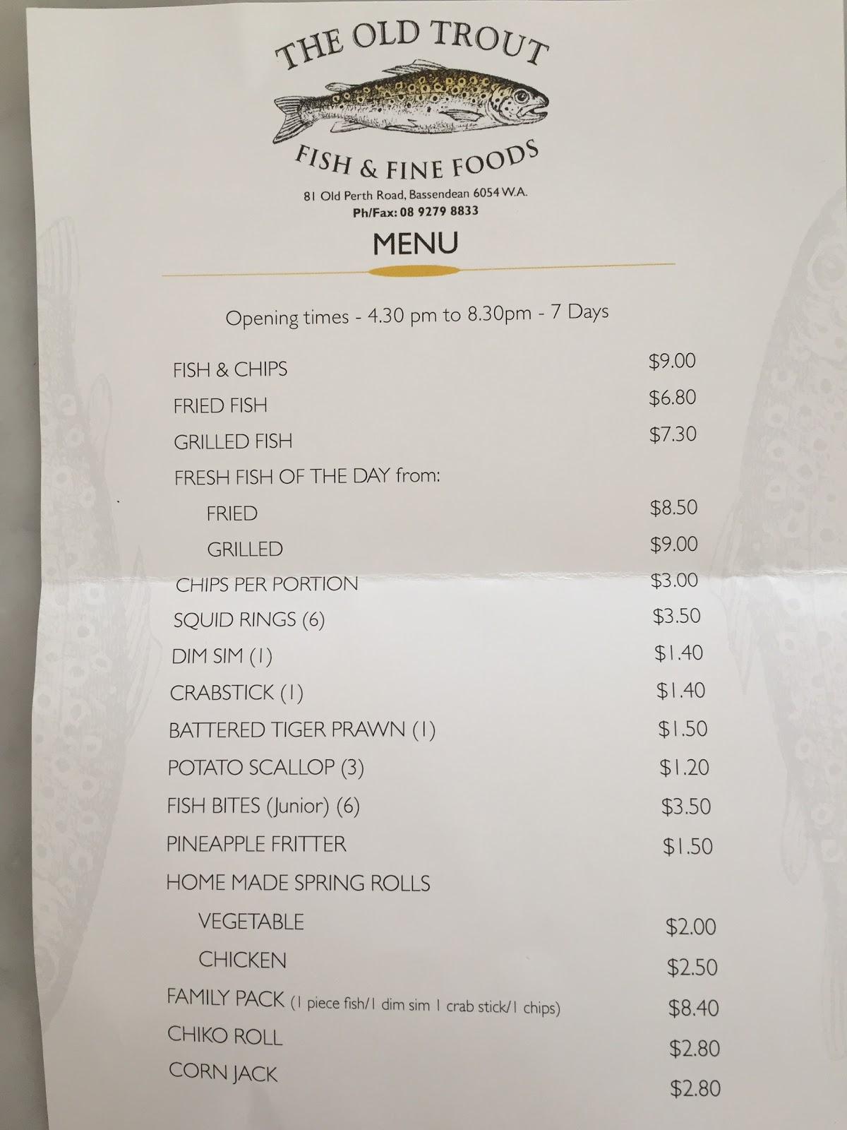 Menu at The Old Trout fast food, Bassendean