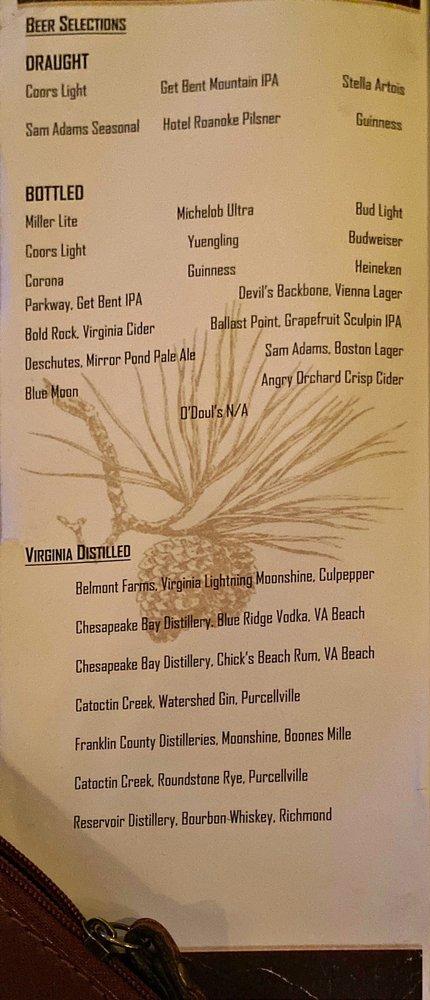 Menu at The Pine Room at Hotel Roanoke pub & bar, Roanoke