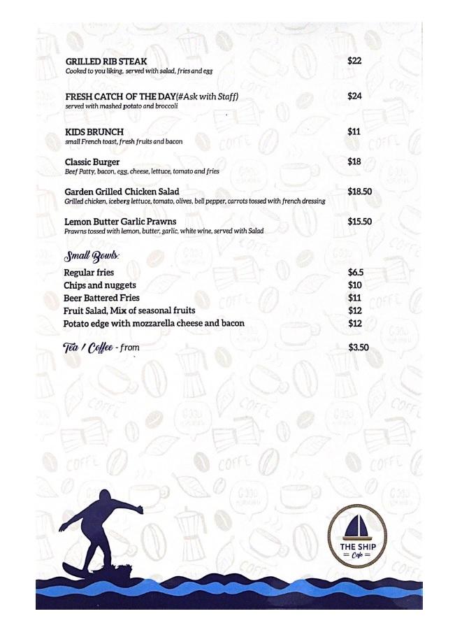 Menu at The Ship Cafe, Orewa