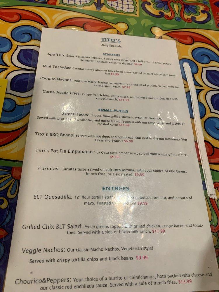 Menu at Tito's Cantina restaurant, Middletown