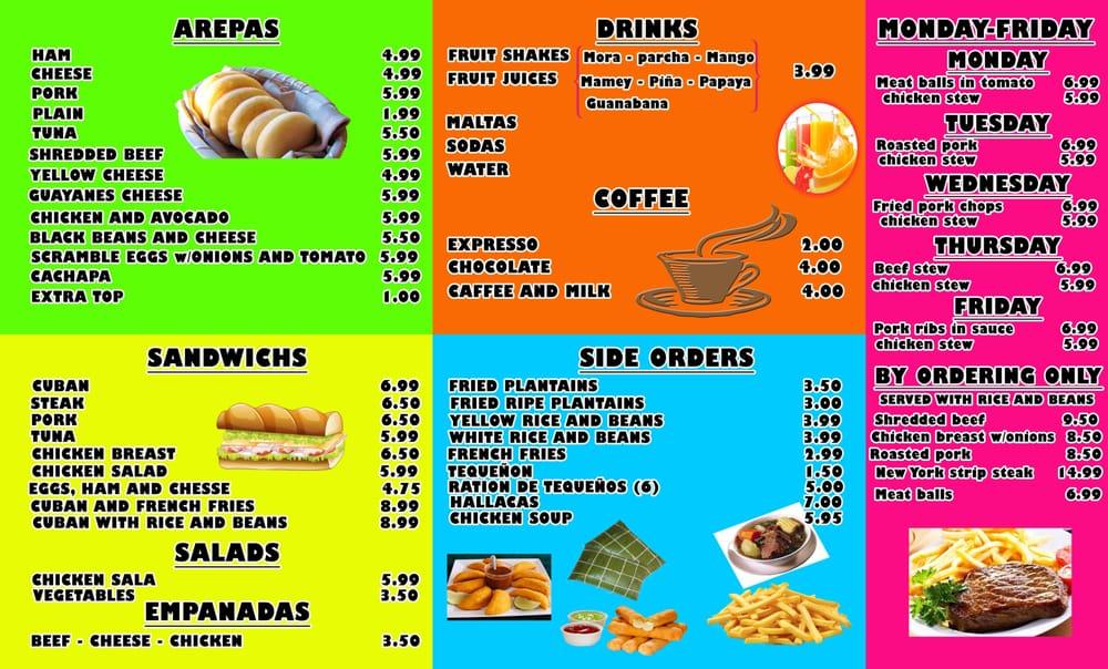 Menu at Arepas and More Cafe, Orlando
