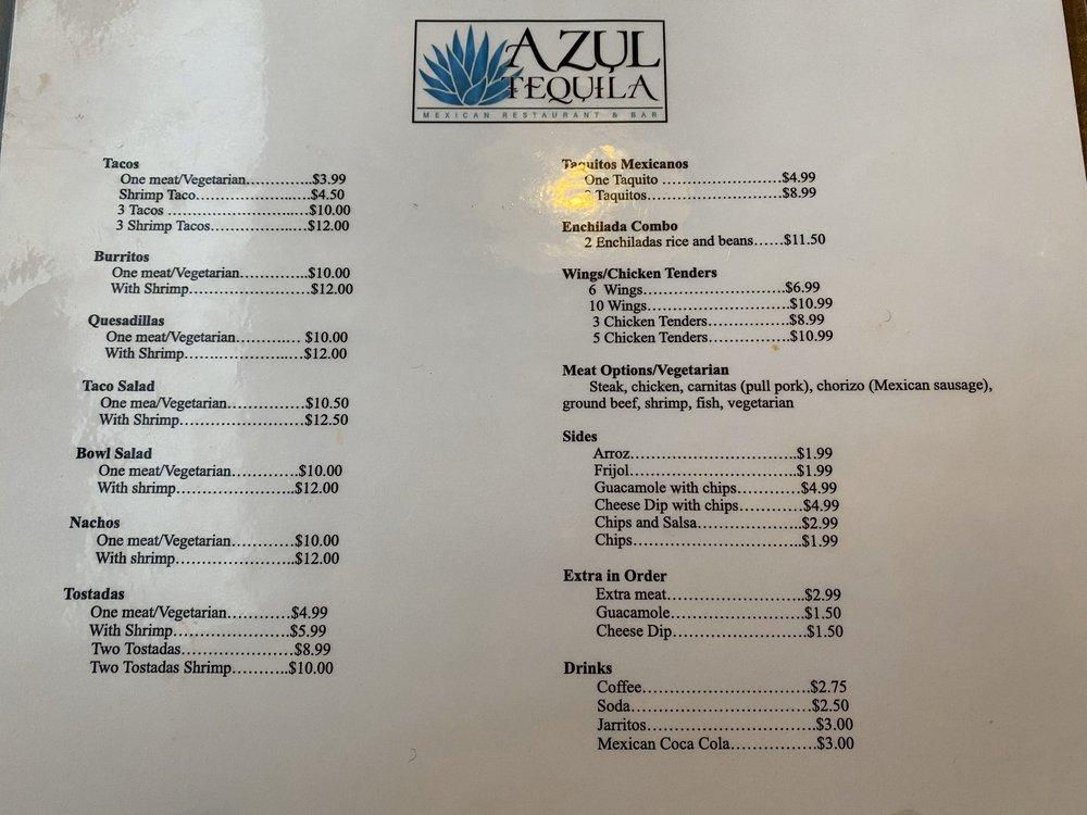 Menu at Azul Tequila restaurant, Gorham