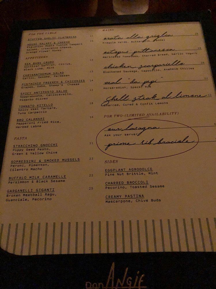 Menu at Don Angie restaurant, New York City